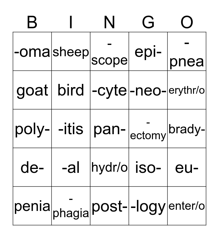 Roots, Prefixes, Suffixes, and Latin Bingo Card