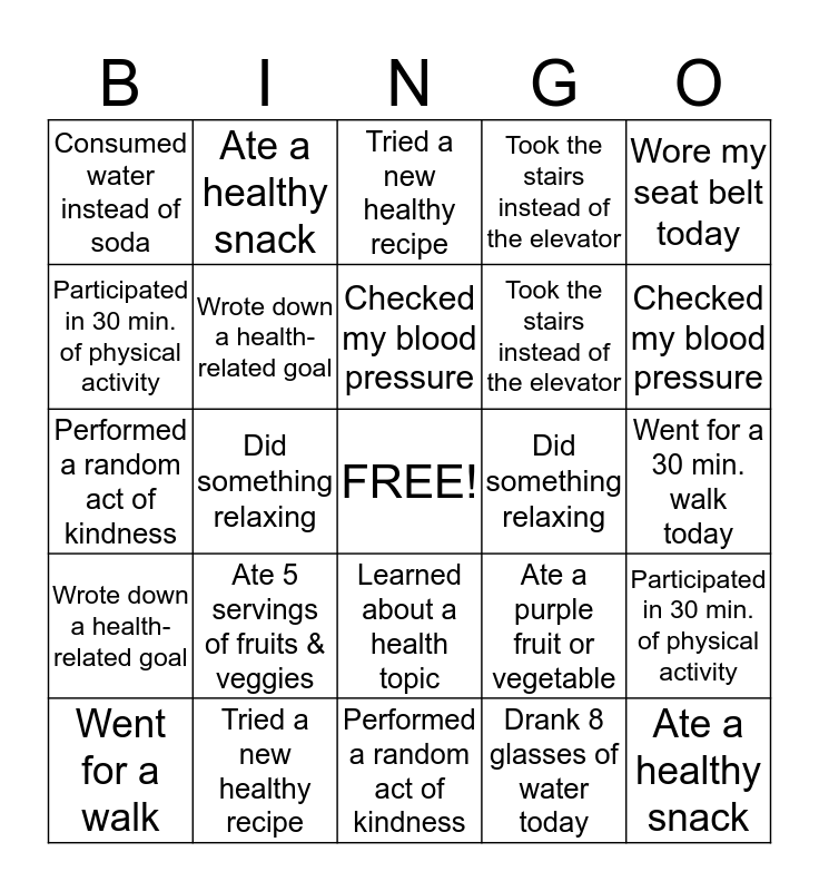 Wellness Week Challenge Bingo Card
