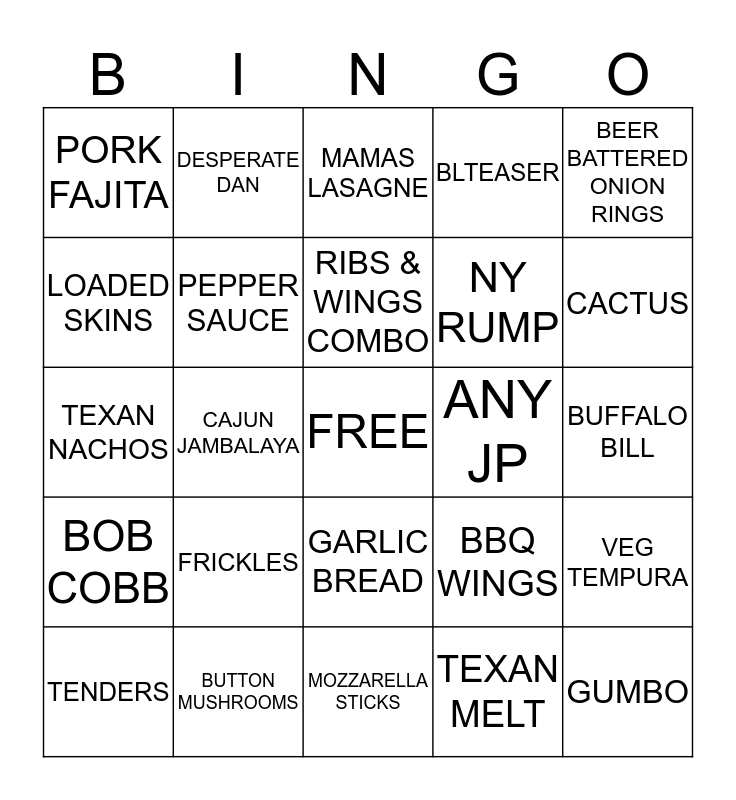 RESTAURANT BINGO Card