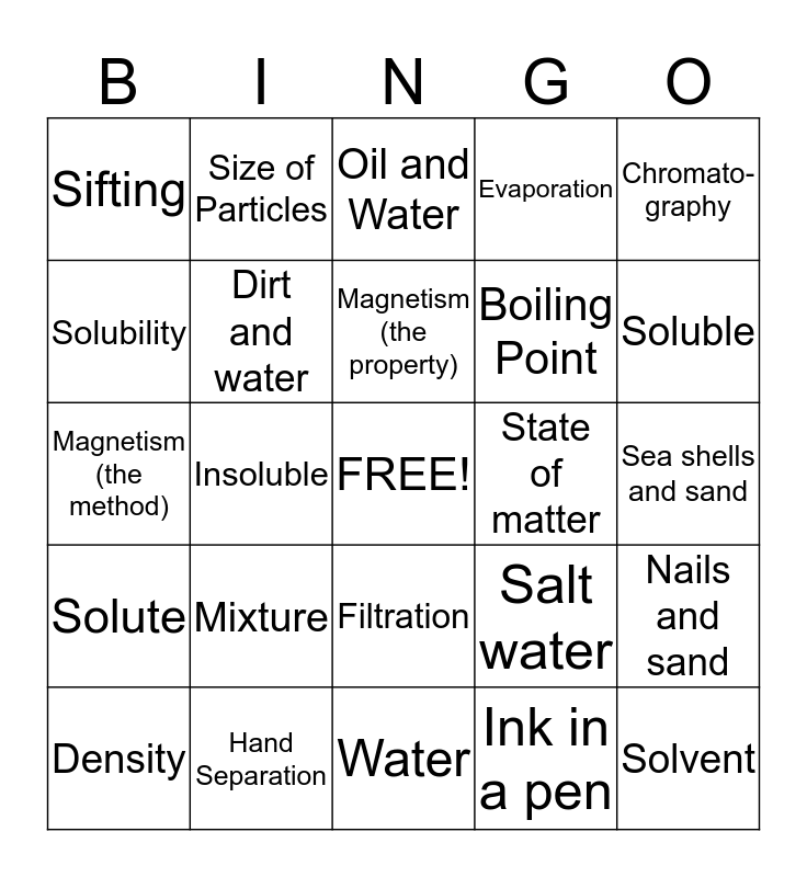 Mixtures Bingo Card