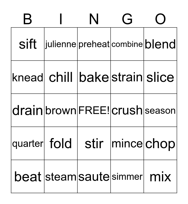 Cooking Terms Bingo Card
