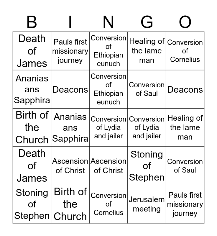 ACTS 1-16 Bingo Card