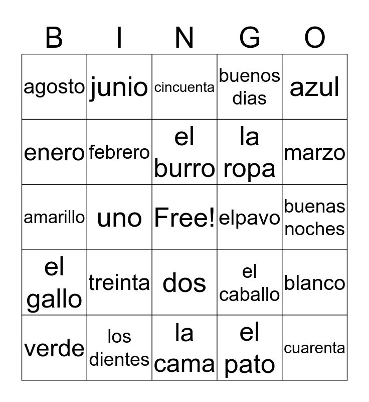 Spanish Colors, Months, Numbers, and Greetings 2 Bingo Card