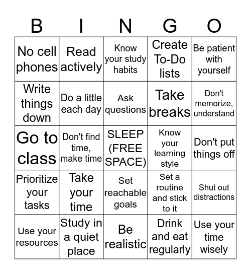 STUDY SKILLS BINGO! Bingo Card