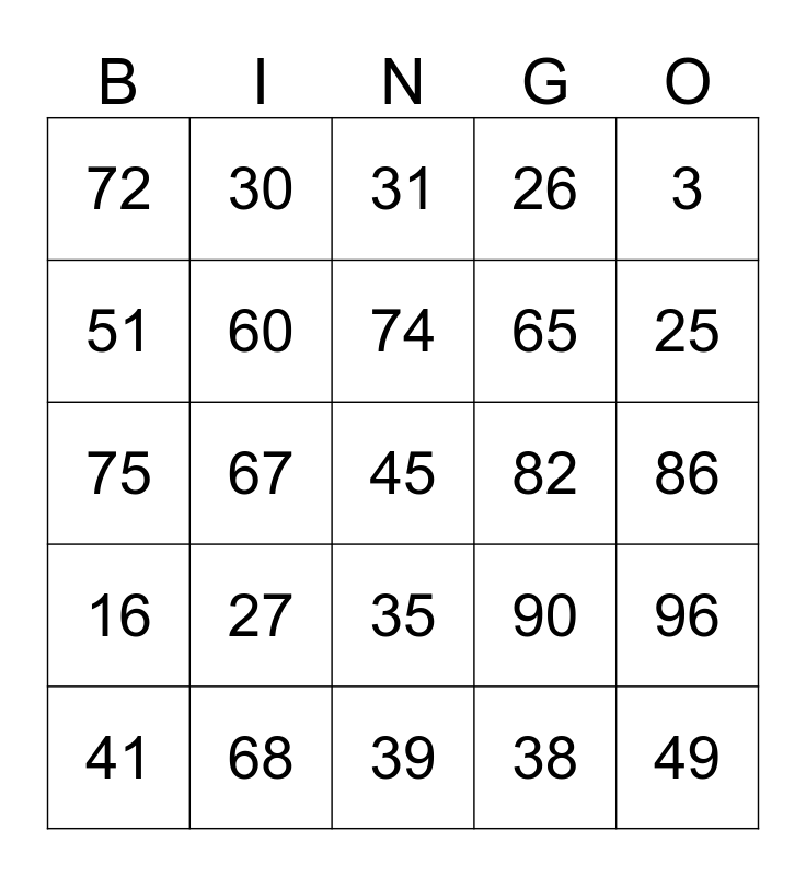 Numbers Bingo Card