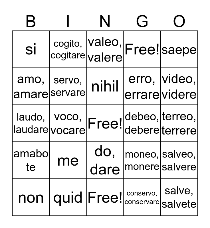 Wheelock chapter 1 Bingo Card
