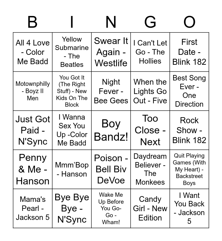 Boy Bandz Bingo! Bingo Card