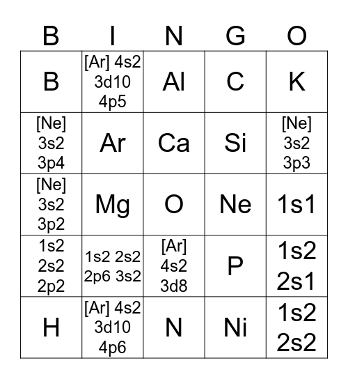 Electron Configuration Bingo Card