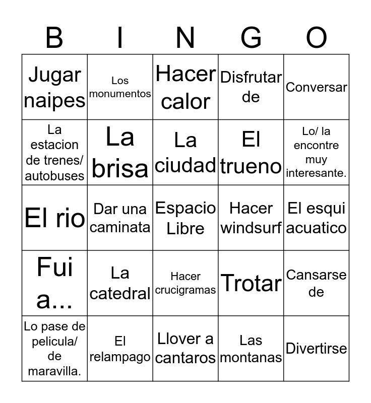 Vocabulario Uno Bingo Card