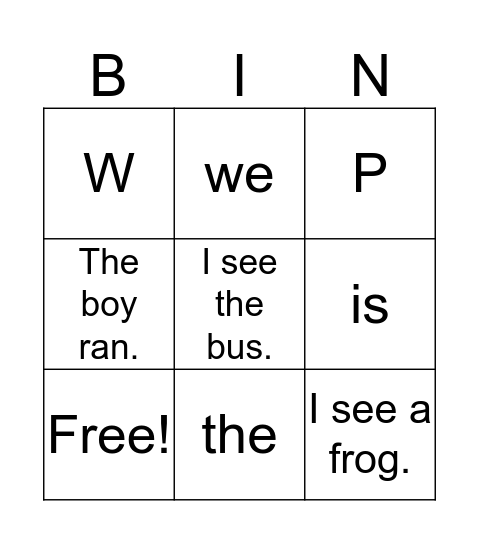 Letters, Words, and Sentences Bingo Card