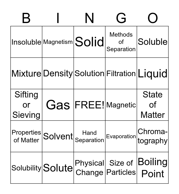 Separating Mixtures Bingo Card