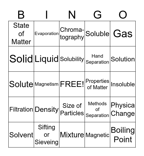 Separating Mixtures Bingo Card