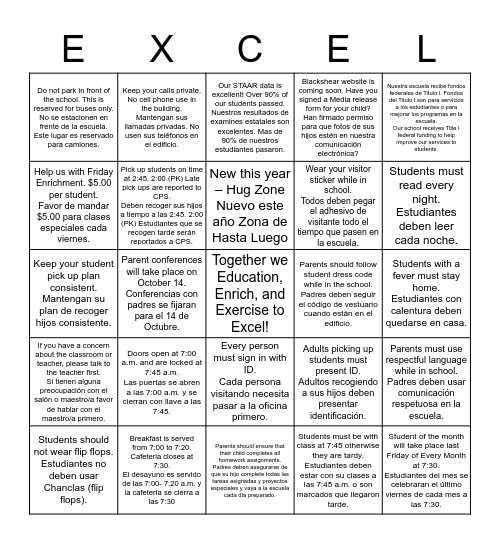 It's Back to School Night / Noche de regreso a la escuela Bingo Card