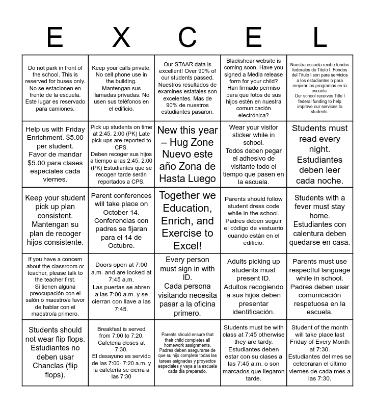 It's Back to School Night / Noche de regreso a la escuela Bingo Card