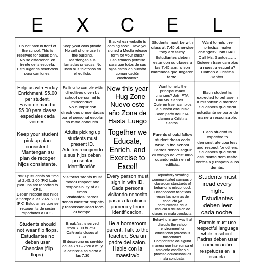 It's Back to School Night ~ Noche de regreso a la escuela Bingo Card