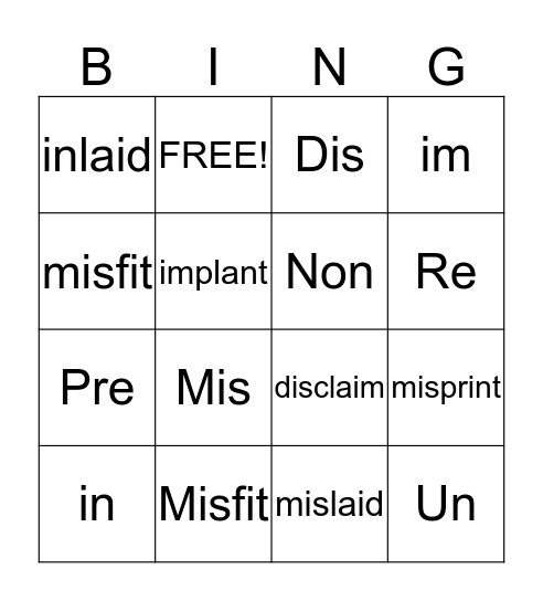 Prefixes Bingo Card