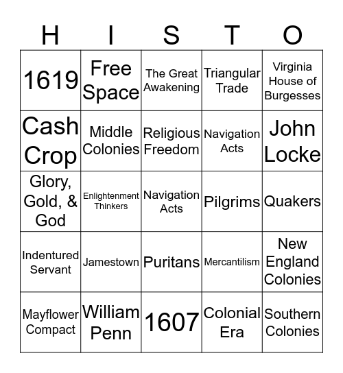 American History Fall Review Colonial Era Bingo Card