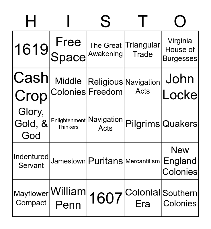 American History Fall Review Colonial Era Bingo Card