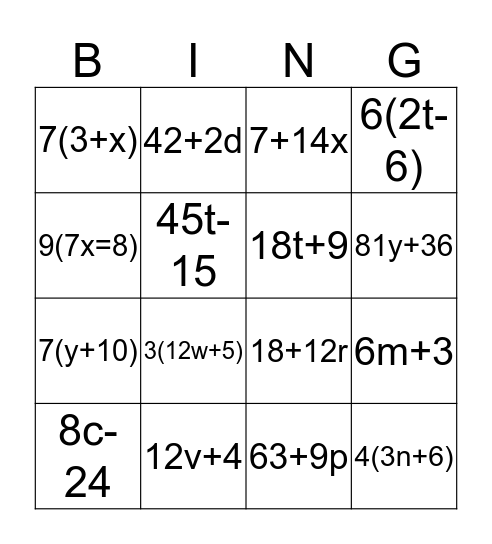 Distributive Property Bingo Card