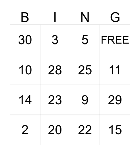NUMBER 1-30 Bingo Card