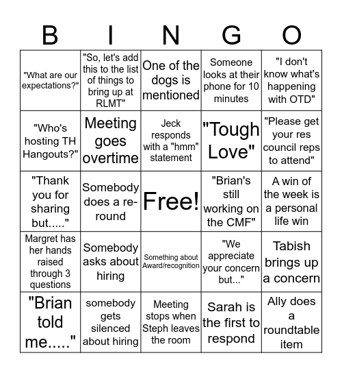 Monday Meetings Bingo Card