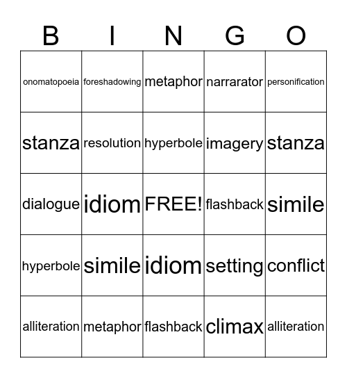 Figurative Language Bingo Card