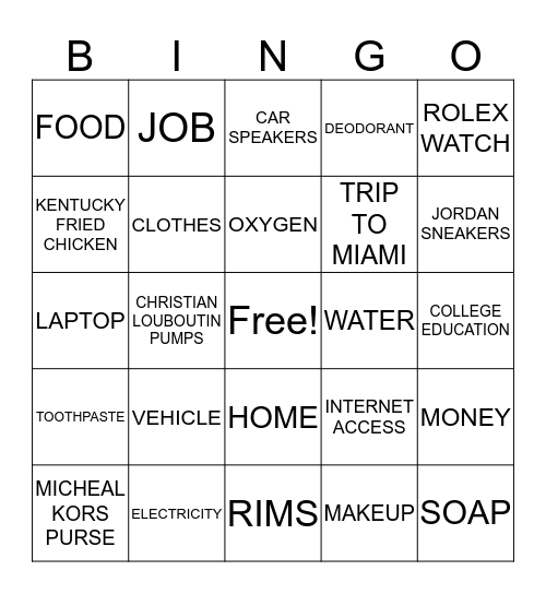 NEEDS VS. WANTS Bingo Card