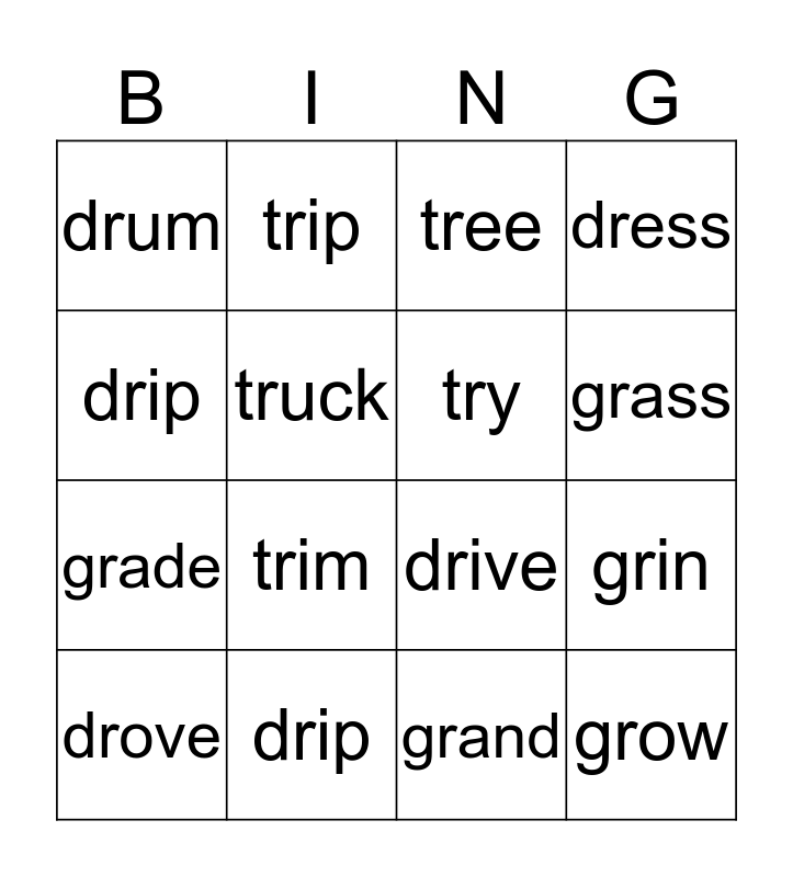 Gr Dr And Tr Words Bingo Card Gr Dr And Tr Words Bingo Card