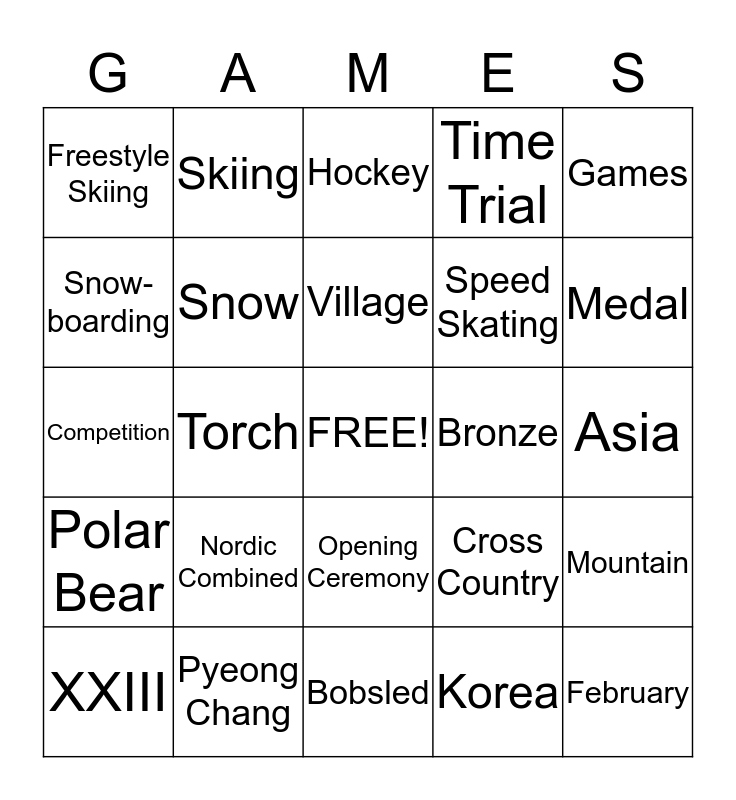 Winter Olympics Bingo Card