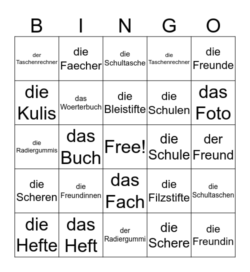 Schulsachen Bingo Card
