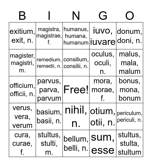 Chapter 4 Latin Bingo Card