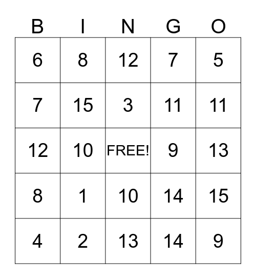 Addition Bingo 1-15 Bingo Card