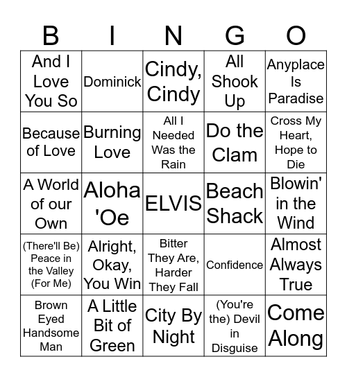 Elvis Song Bingo Card