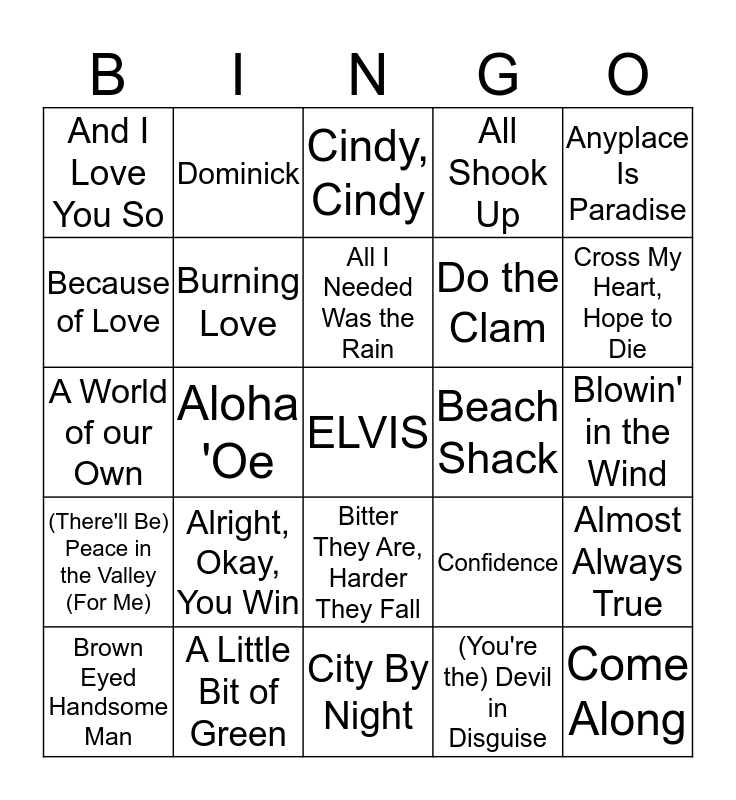 Elvis Song Bingo Card