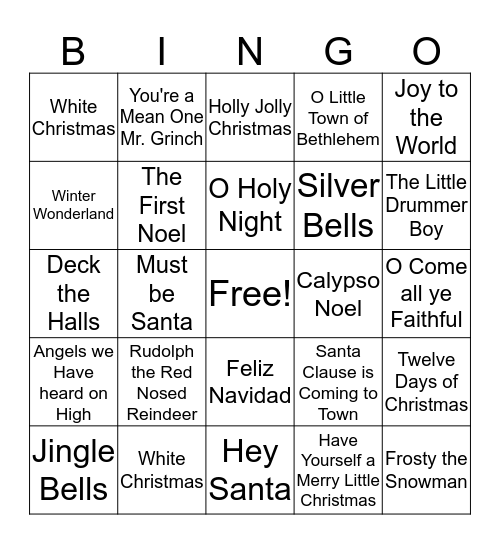 Christmas Song Bingo Card