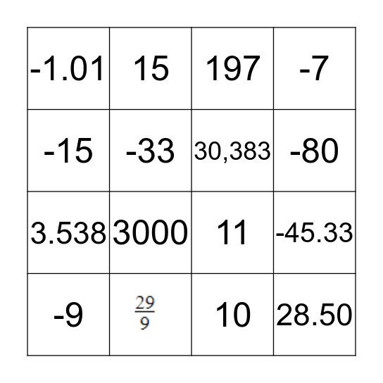 INTEGER BINGO! Bingo Card