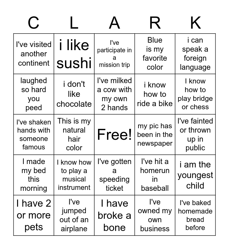 life experience bingo Card