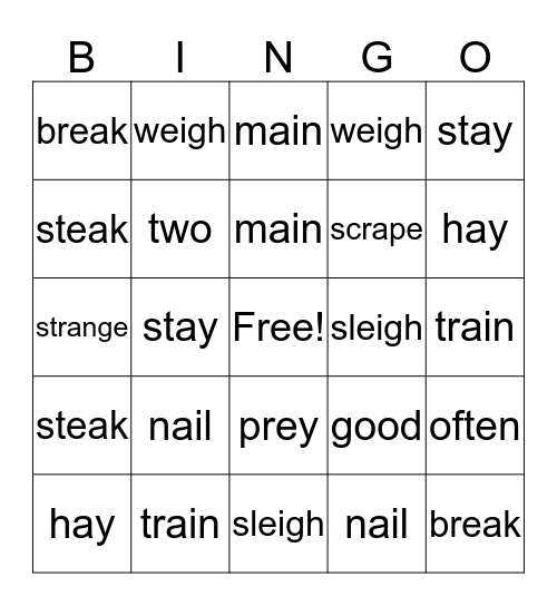 Long A Bingo Card