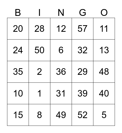 Los números 0-59 Bingo Card