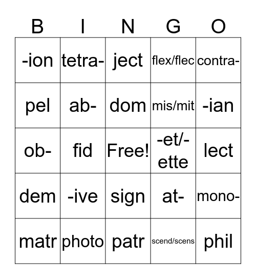 prefix and suffix vocab Bingo Card