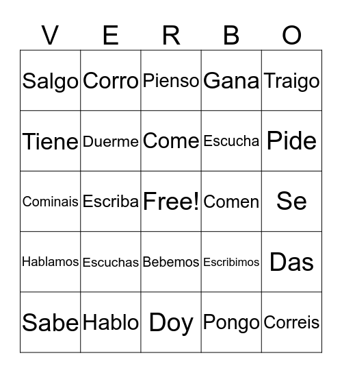 Present Conjugation Bingo Card