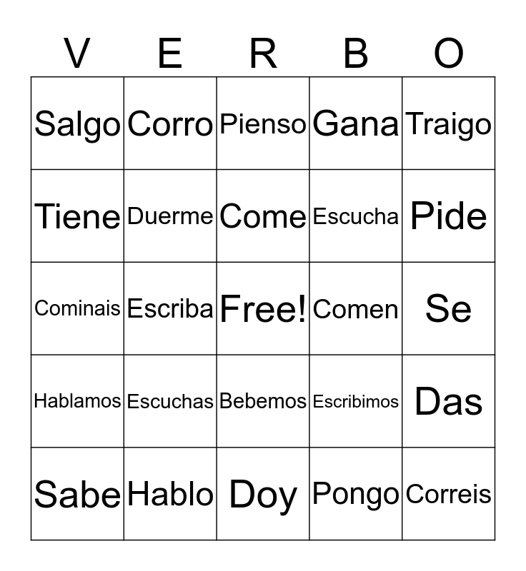 Present Conjugation Bingo Card