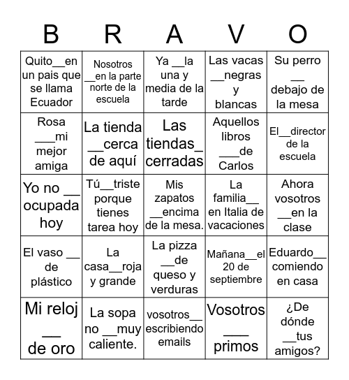 Una fiesta con SER y ESTAR Bingo Card