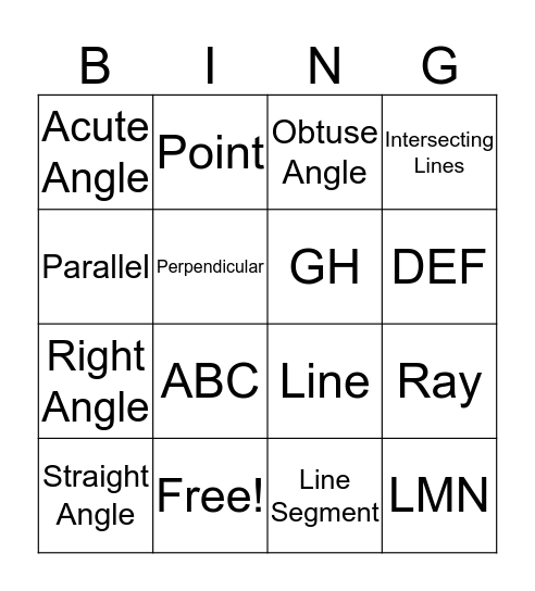 Lines, Points, Angles, Rays Bingo Card