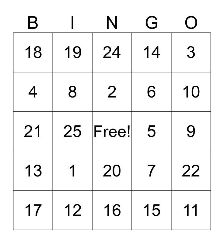EVS Bingo 1-25 Bingo Card