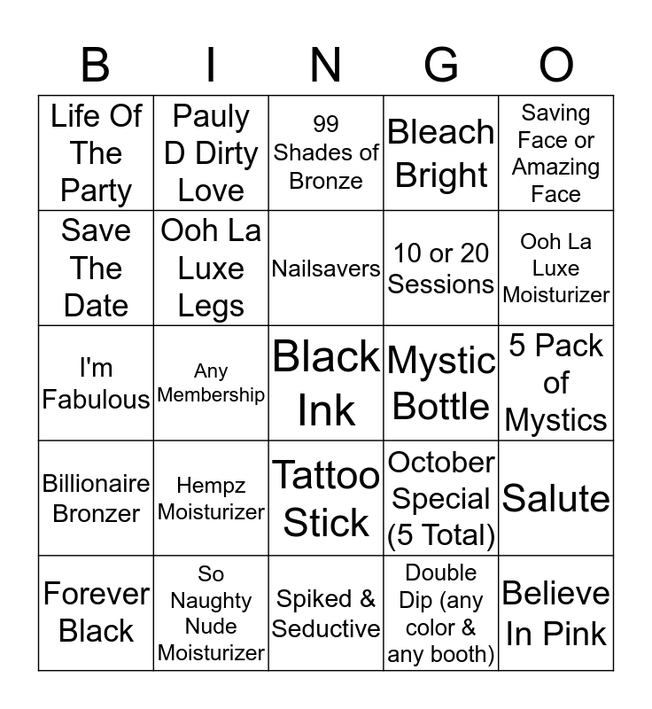 Hollywood Tans October Bingo! Bingo Card