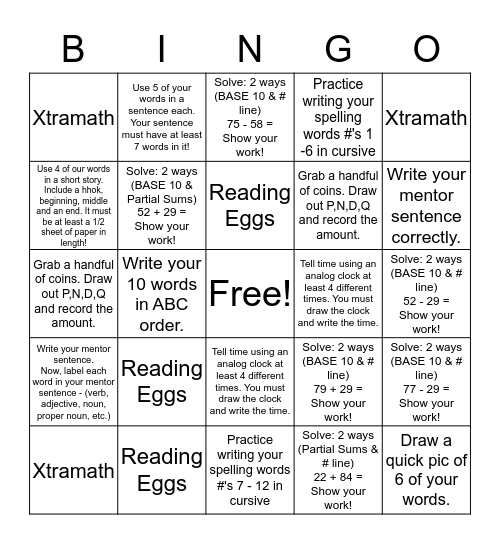 January BINGO homework Bingo Card