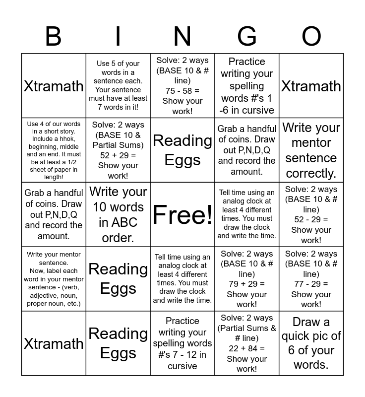 January BINGO homework Bingo Card