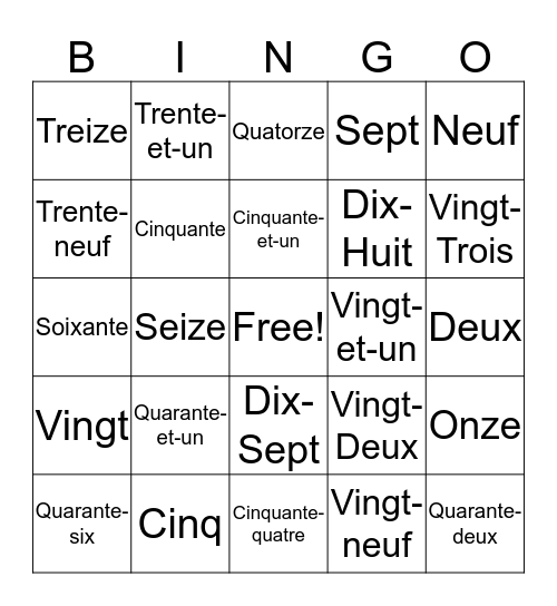 Les Chiffres ! Bingo Card