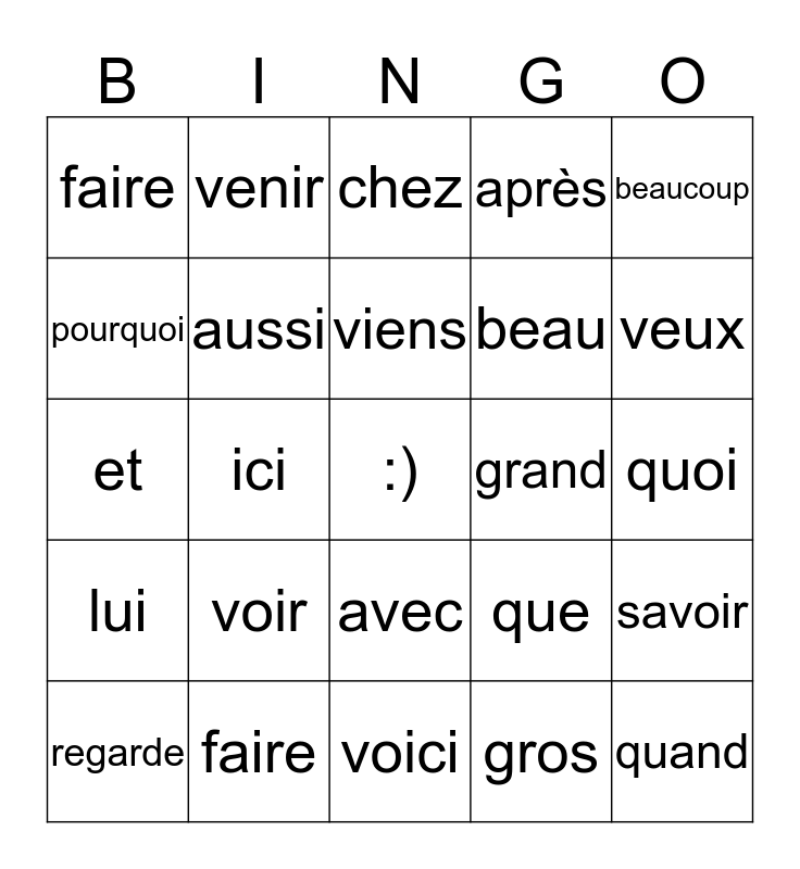 Bingo: mots fréquents Bingo Card